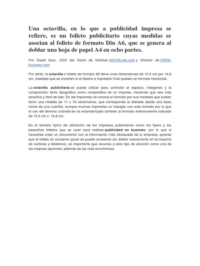 Octavillas Publicitarias: Tamaños y Usos | PDF | Publicidad | Diseño de ...