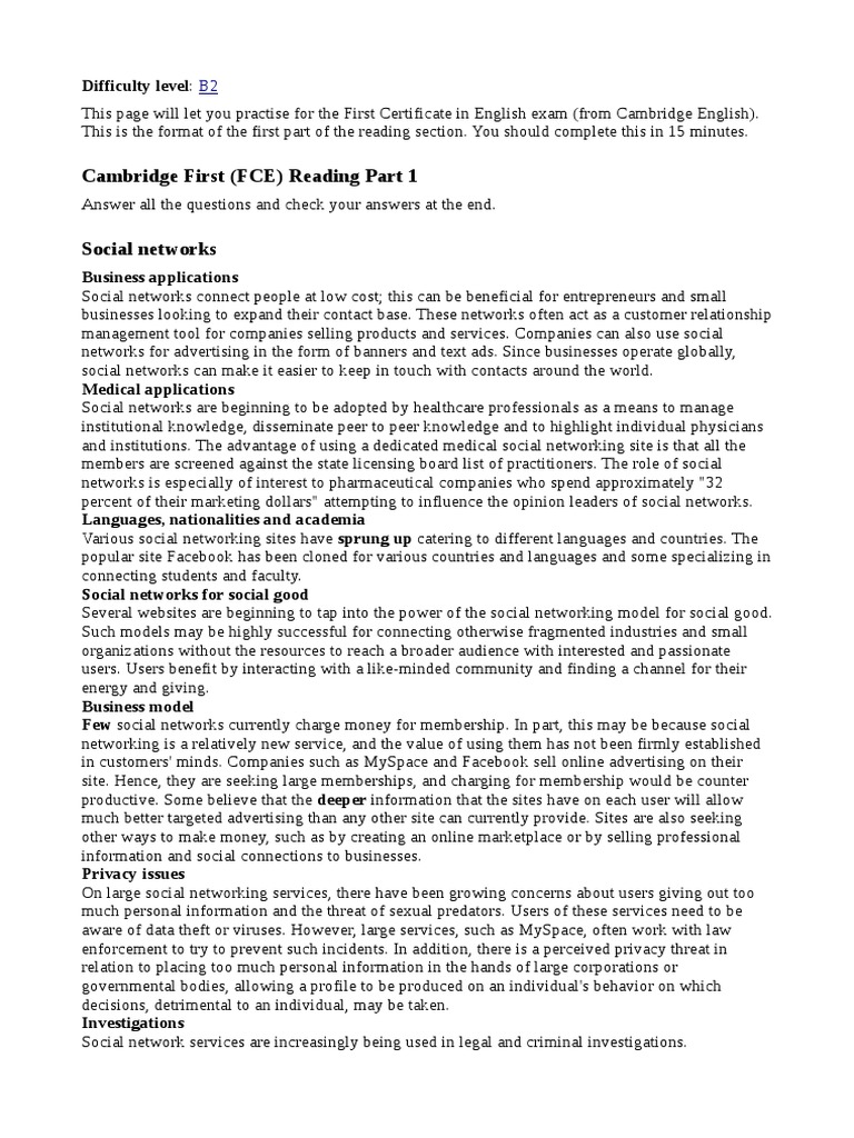 Cambridge First (FCE) Reading Part 1 | PDF | Educational Technology ...