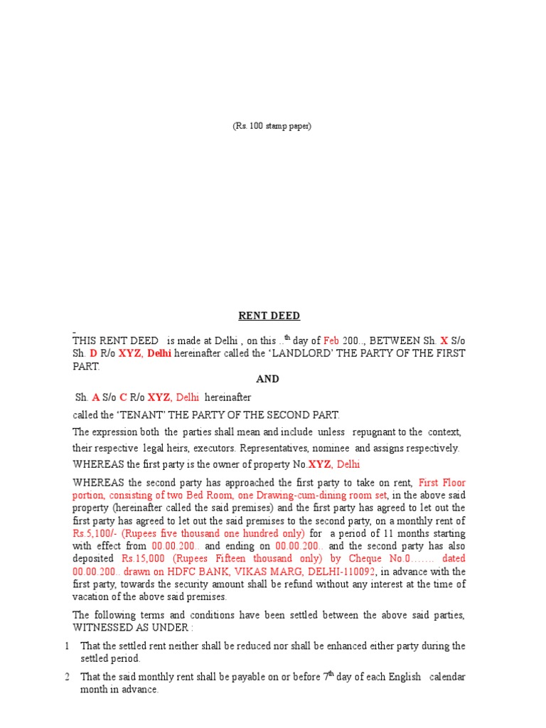 X D XYZ, Delhi: Rent Deed | PDF