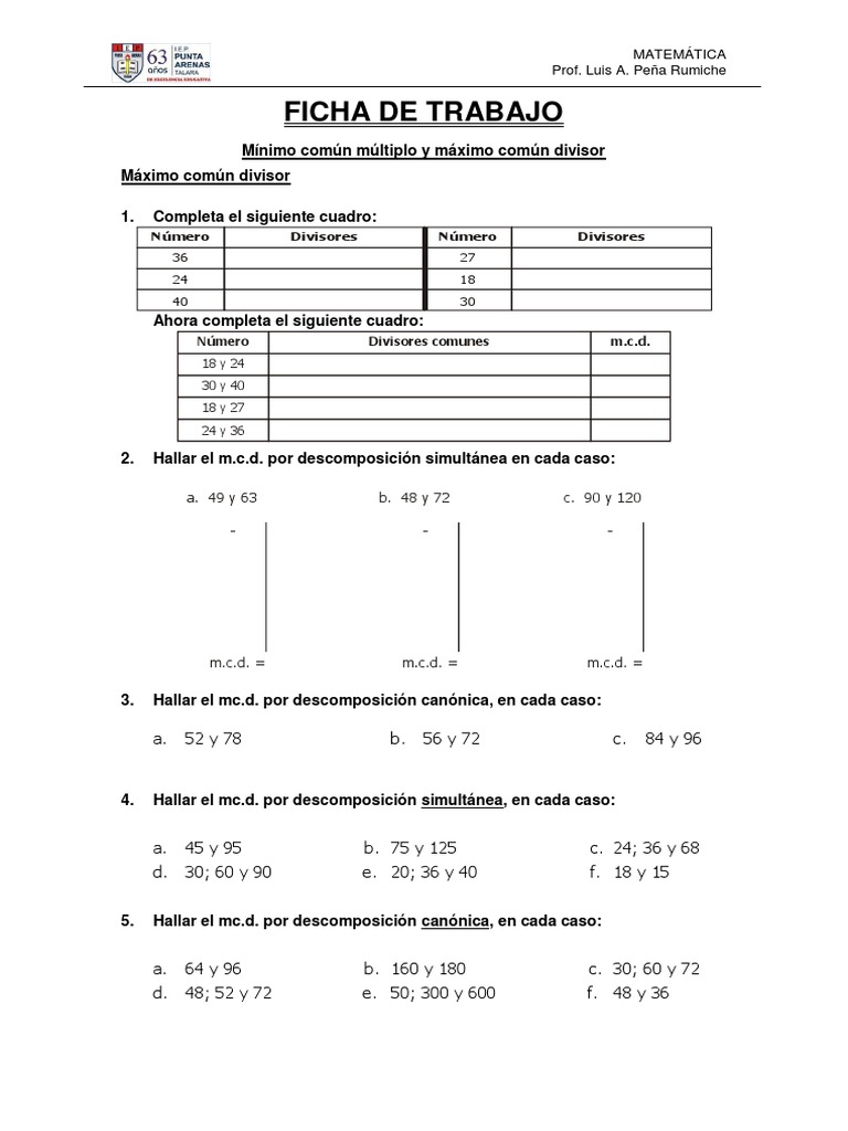 Hoja De Trabajo De Mcm Y Mcd Con Respuestas Cálculo Del Mínimo
