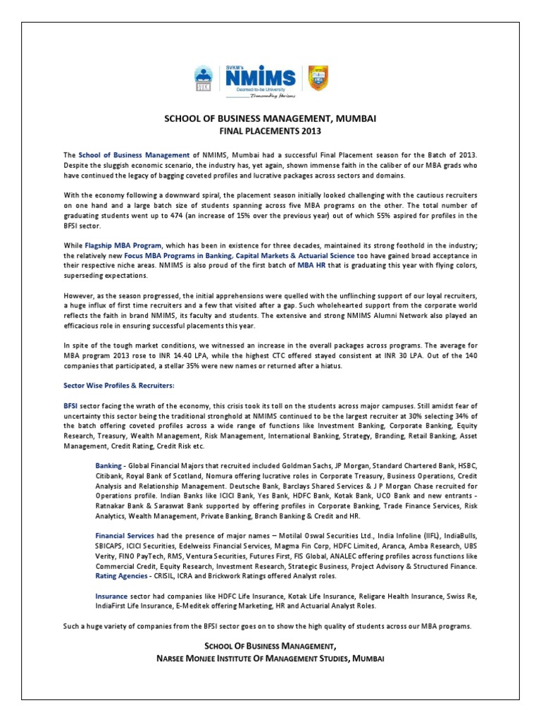 NMIMS Mumbai Final Placement Report 2013 | PDF | Wealth Management | Banks