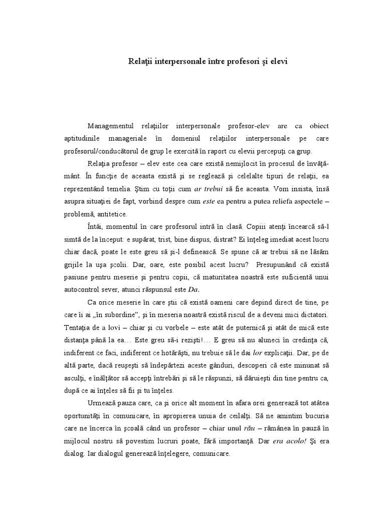 Relatii Interpersonale Intre Profesori Si Elevi | PDF