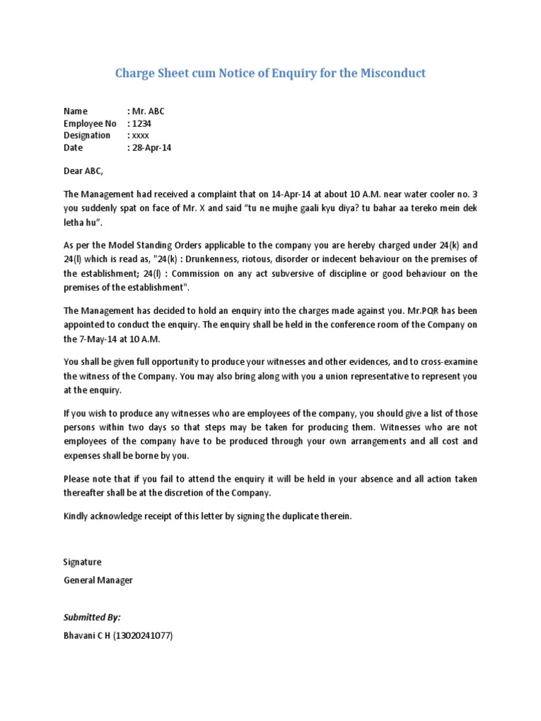 Charge Sheet Cum Notice of Enquiry for the Misconduct