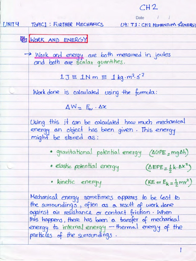 Unit 4 Physics Notes: Work, Energy and Momentum | PDF