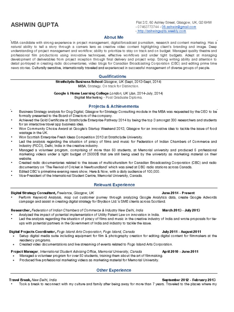 Ashwin Gupta - CV | PDF | Canadian Broadcasting Corporation | Canada