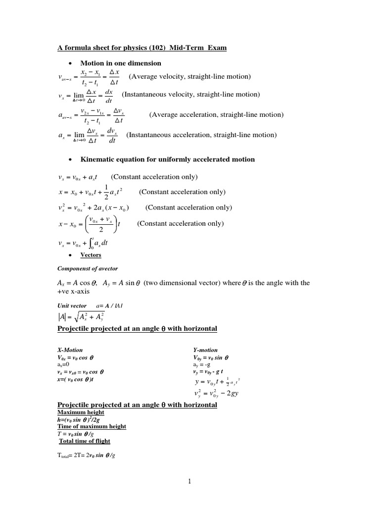 Formula Sheet2013 Mechanics | PDF