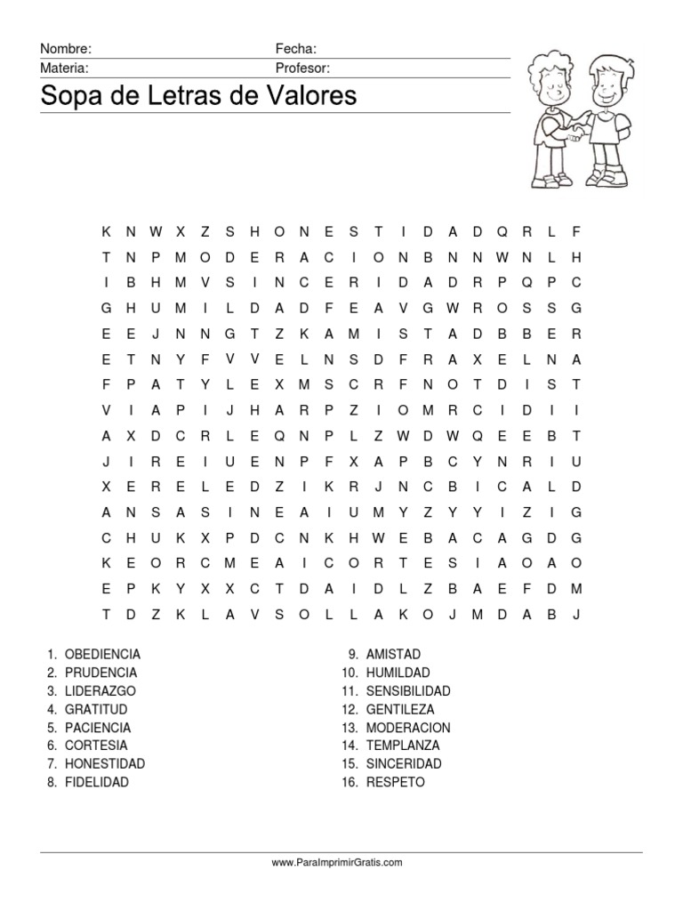 Sopa De Letras Con Valores