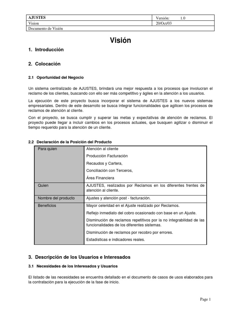 AJUSTES Documento de Vision | PDF | Ingeniería de software | Software