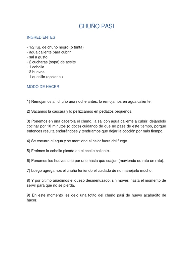 Receta de Chuño Pasi con Queso | PDF