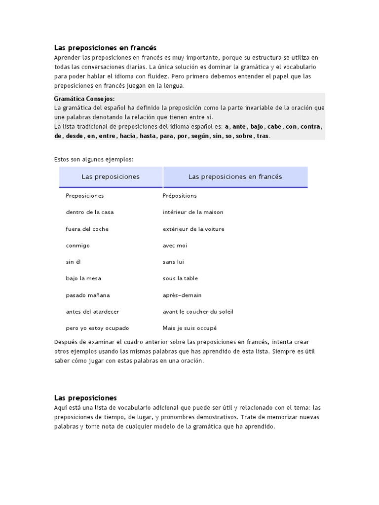 Las Preposiciones en Francés | PDF | Idioma francés | Idiomas
