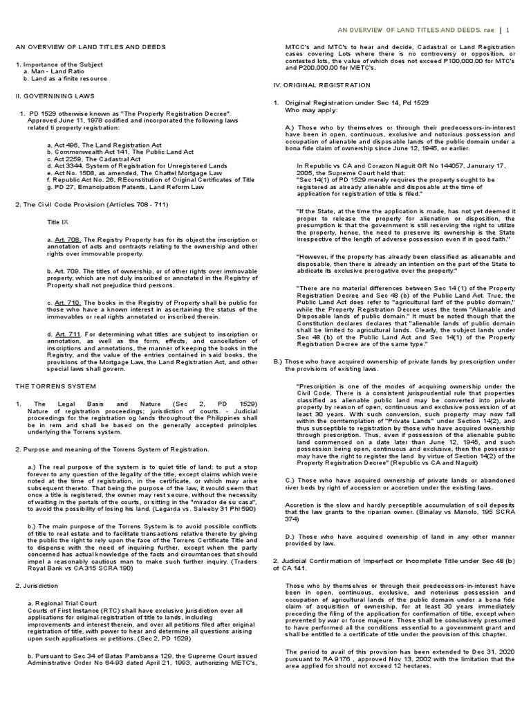 An Overview of Land Titles and Deeds | PDF | Land Law | Real Estate Law