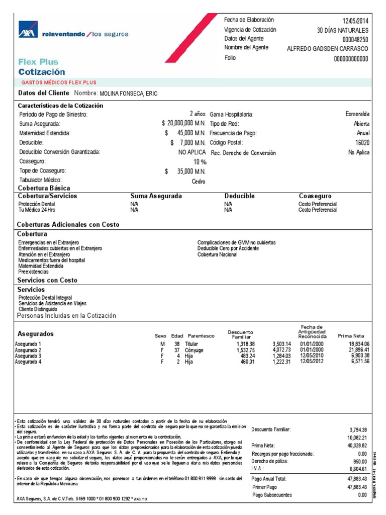 AXA - Opción 1 - Ded. 7,000 | Póliza de seguros | Seguro