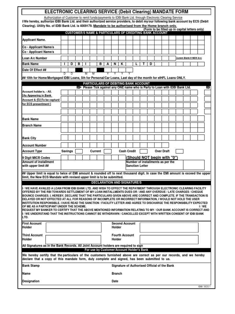 ECS Mandate Form IDBI - Annexure2 | PDF | Clearing (Finance) | Banks
