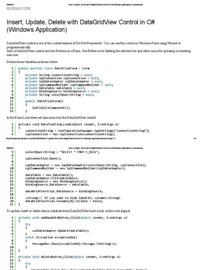 Insert Update Delete With Datagridview Control In C Pdf C Sharp Programming Language