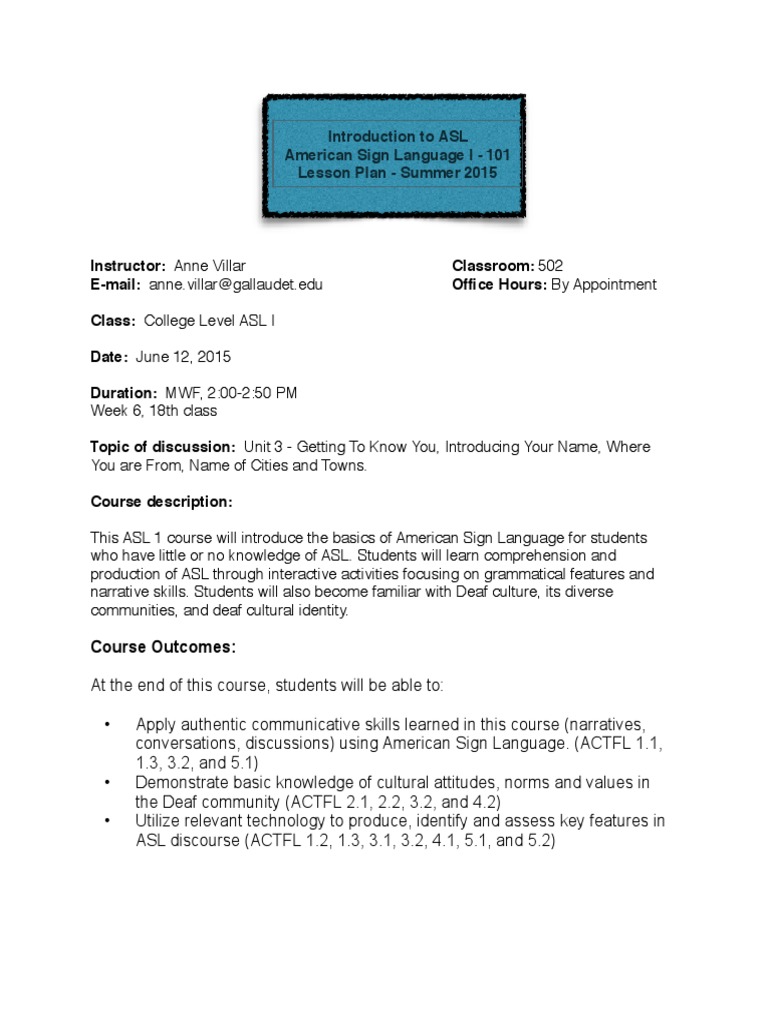 Unit Lesson Plan Weebly | PDF | American Sign Language | Reading ...