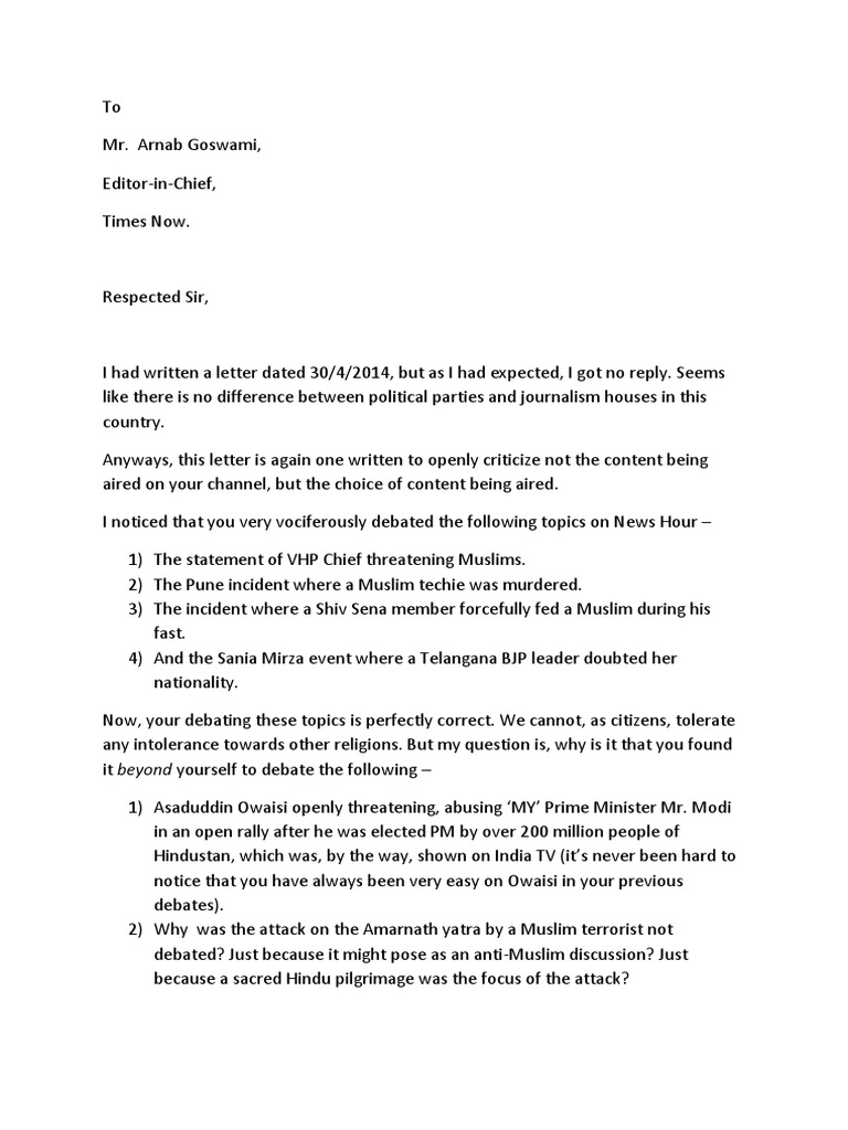 Letter To Times Now | PDF | Business