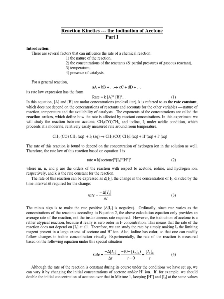 Iodination of Acetone Kinetics | PDF | Chemical Reactions | Chemical ...