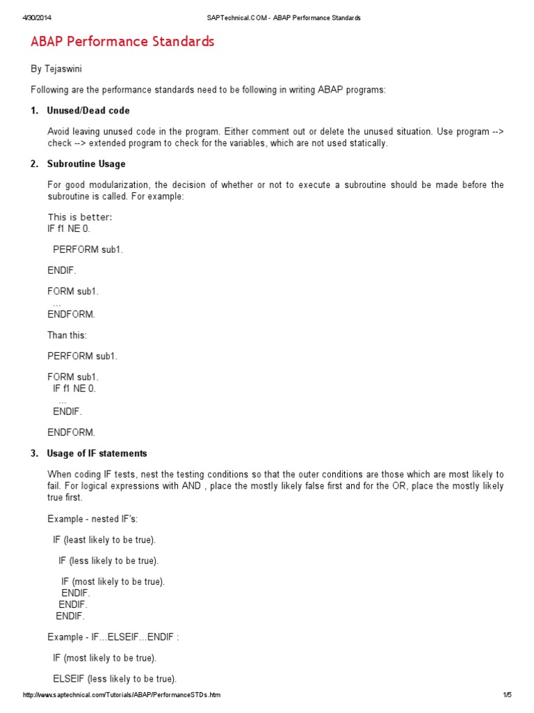 ABAP Performance Standards | PDF | Subroutine | Software Engineering