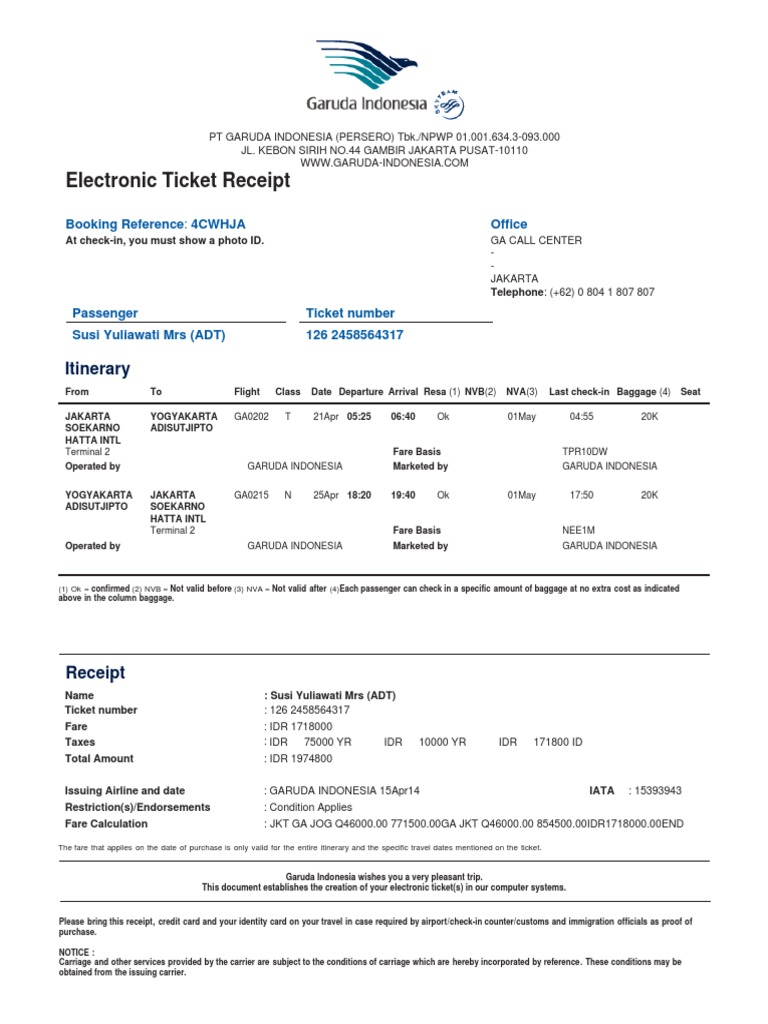 Garuda Indonesia E-Ticket Receipt | PDF | Indonesian Rupiah | Ticket ...