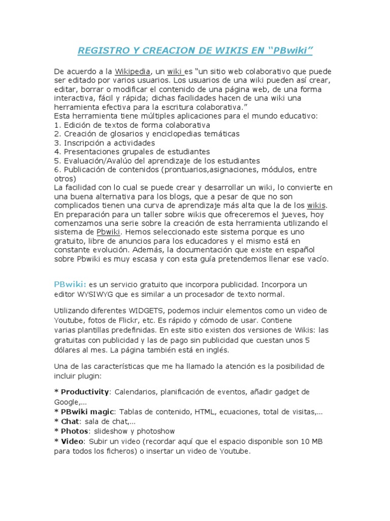 PBwiki Registro, Creación y edición de wikis de "PBwiki" | PDF | Wiki ...