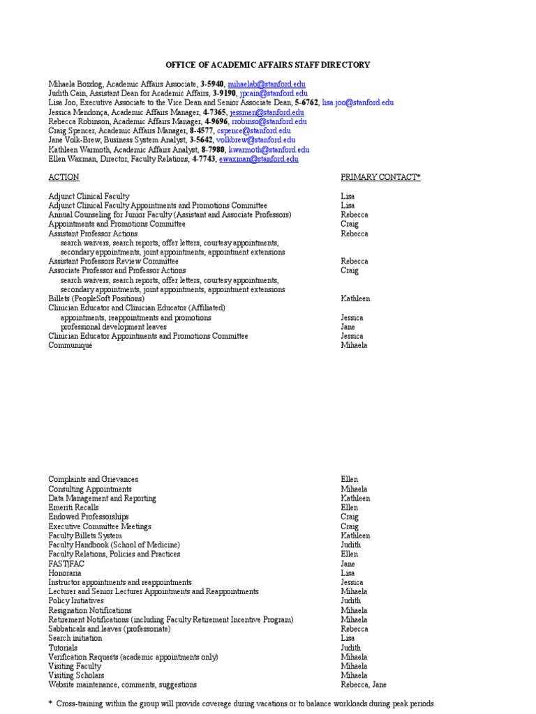 O A A Staff Directory Pdf Academic Administration Academia