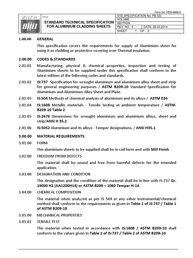 Aluminium - BHEL Technical Specification | PDF | Sheet Metal | Engineering Tolerance