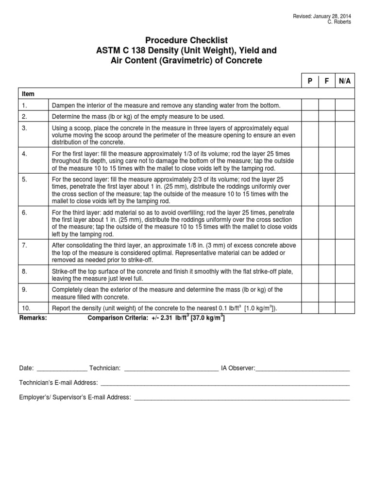 Procedure Checklist - ASTM C138 | PDF | Density | Concrete