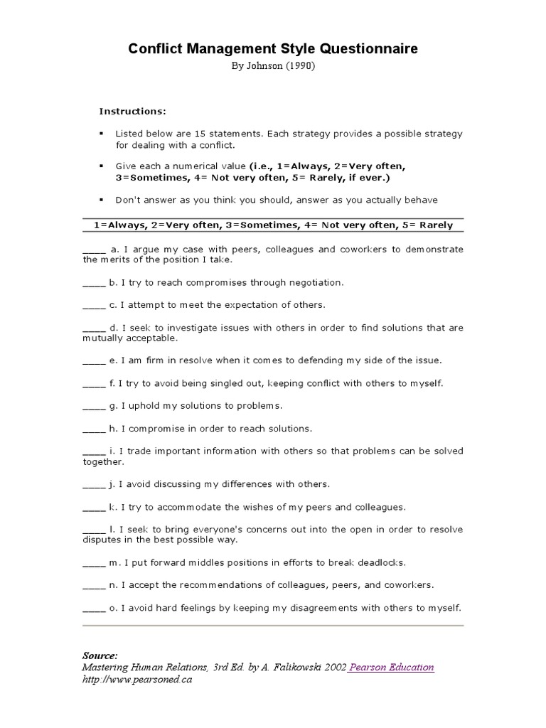 Conflict Style Questionnaire | PDF | Psychology | Social Psychology