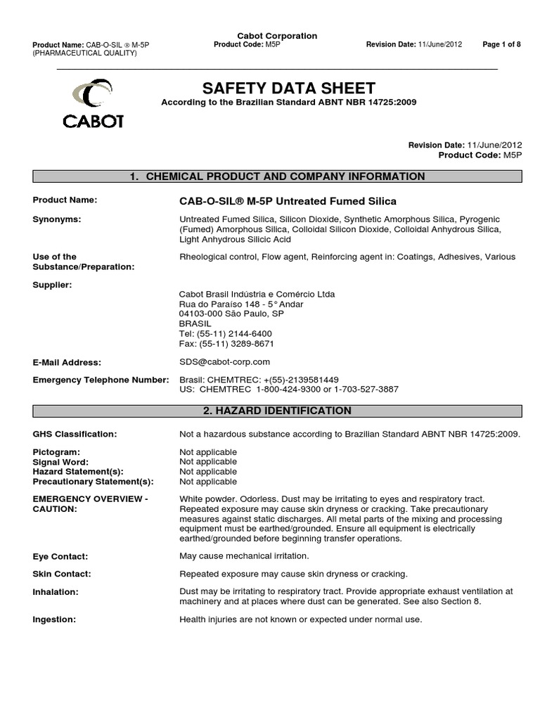 Cab o Sil m 5p Msds | Occupational Hygiene | Personal Protective Equipment