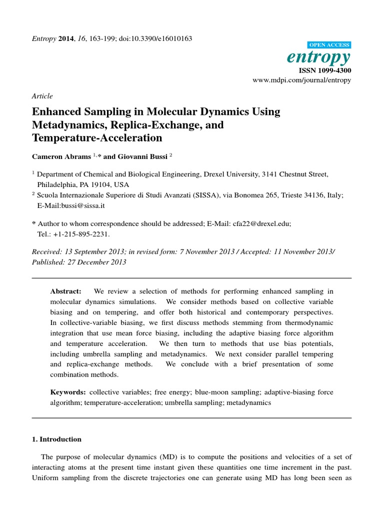 Entropy: Enhanced Sampling in Molecular Dynamics Using Metadynamics ...
