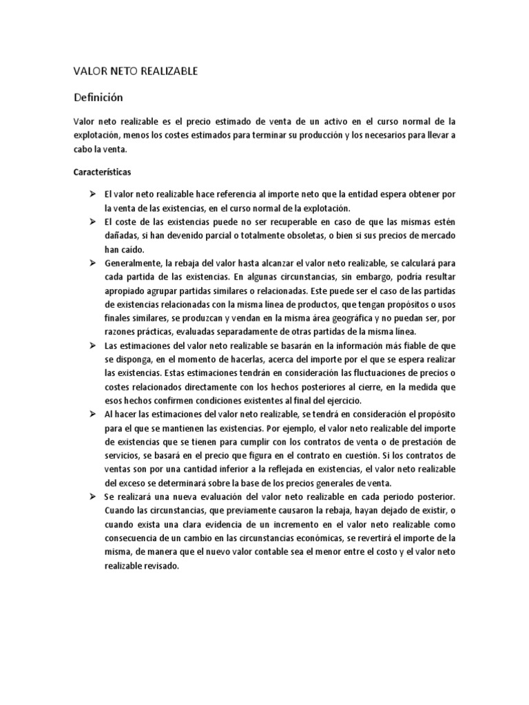 Valor Neto Realizable: Definición y Cálculo | PDF | Precios | Contabilidad