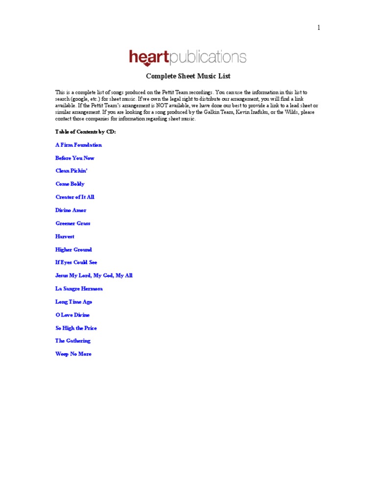 Heart Publications-Sheet Music List | PDF