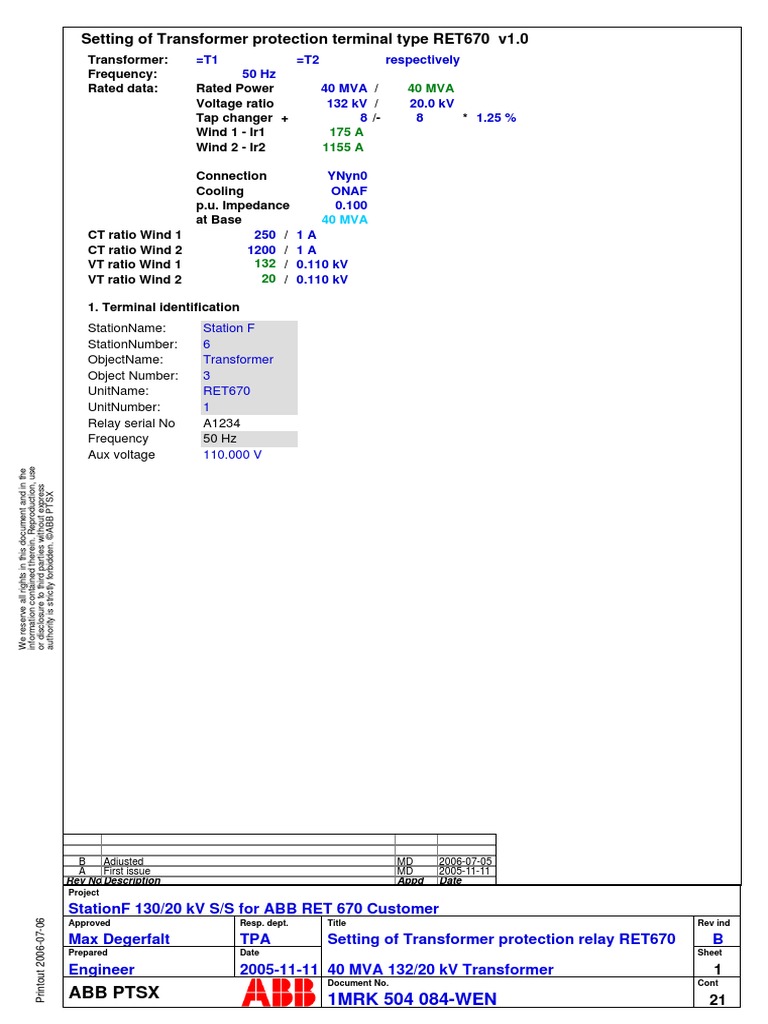AM RET670 SettingExample2 RB | PDF | Transformer | Force