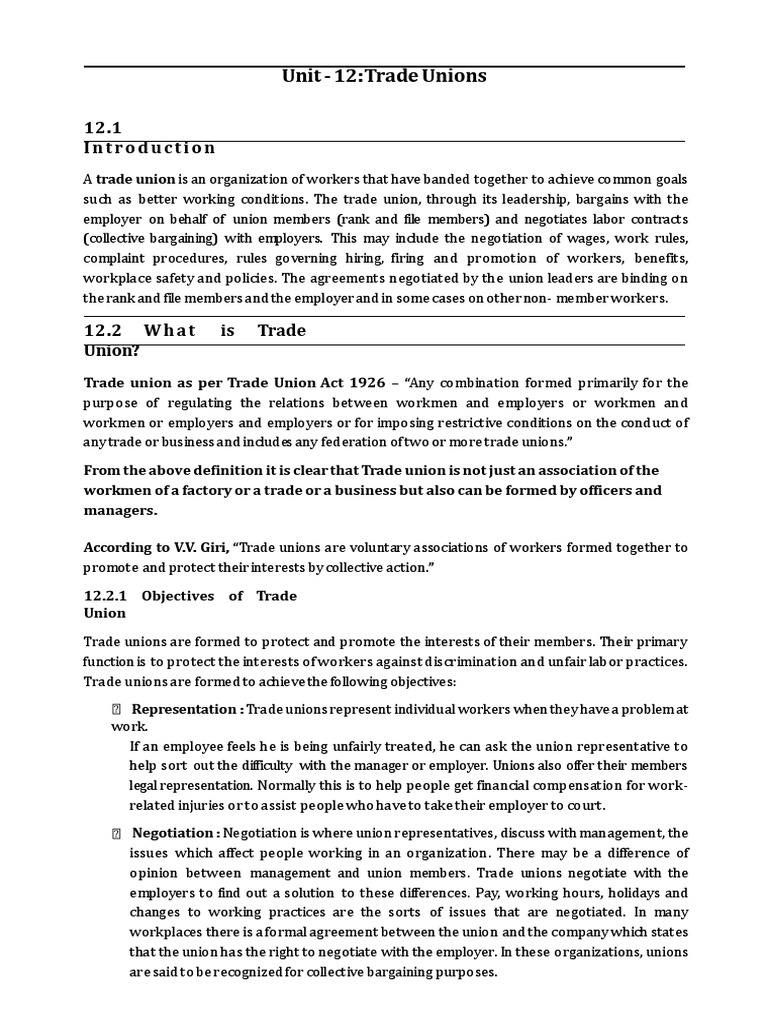 Trade Union Notes | PDF | Trade Union | Collective Bargaining