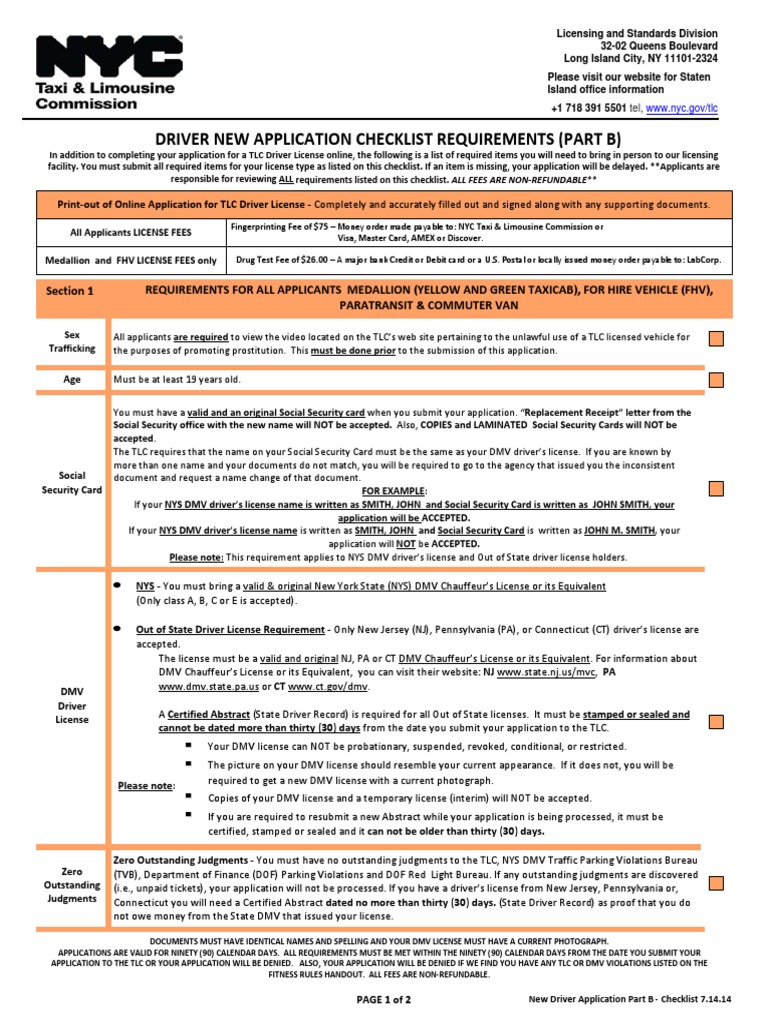 NYC TLC New Driver Checklist Partb | PDF | Taxicab | Department Of ...