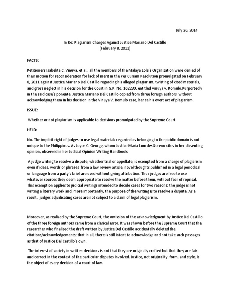 Case Digest Judge Del Castillo | PDF | Plagiarism | Supreme Court Of ...