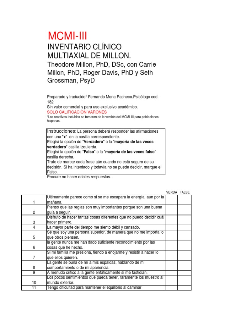 MCMI-III Varones | PDF | Verdad | Mente
