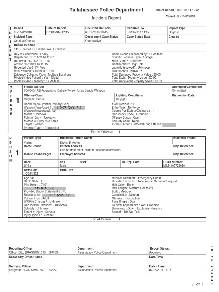 TPD incident report in Dan Markel death | Hate Crimes | Crimes