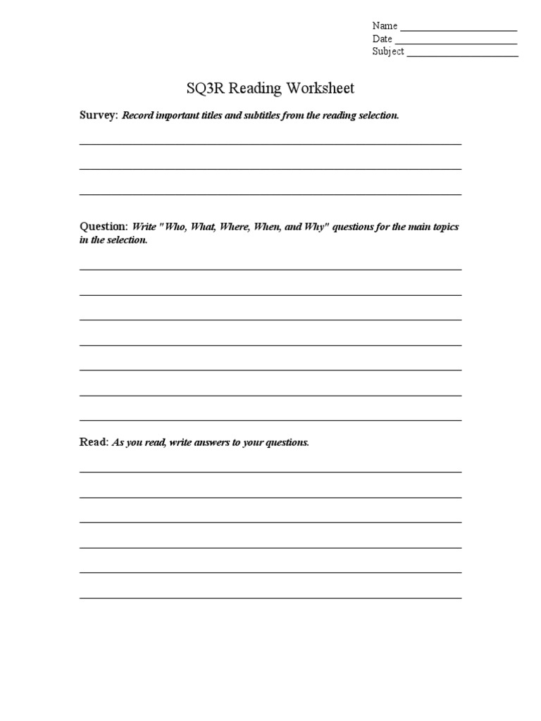 SQ3R Reading Worksheet Template | PDF