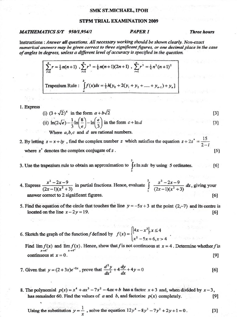 STPM Trials 2009 Math T Paper 1 (SMI Ipoh) | PDF | Equations | Matrix ...