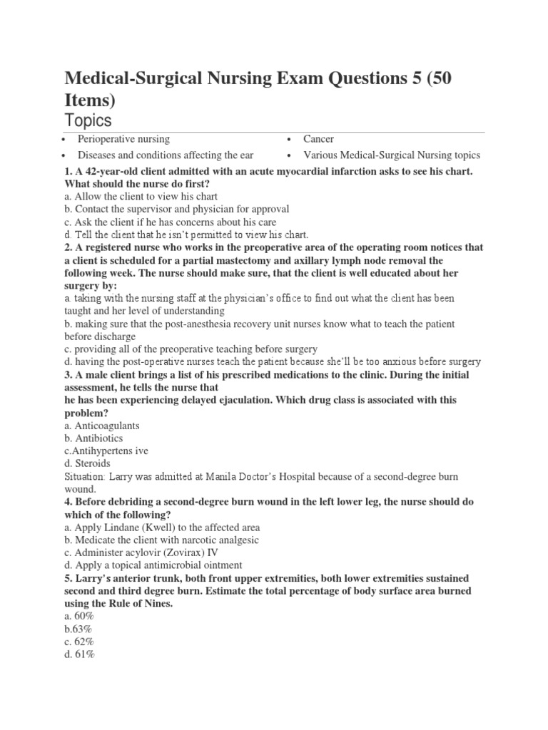 Medical-Surgical Nursing Exam 5 (50 Items) | PDF | Surgery | Salt