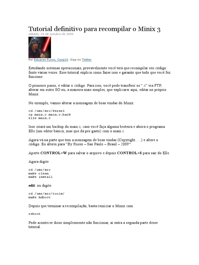 Tutorial Definitivo para Recompilar o Minix 3 | PDF | Kernel (sistema operacional) | Compilador