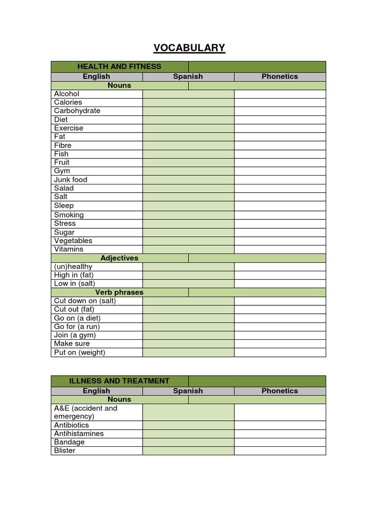Vocabulary: Health and Fitness English Spanish Phonetics Nouns | PDF ...