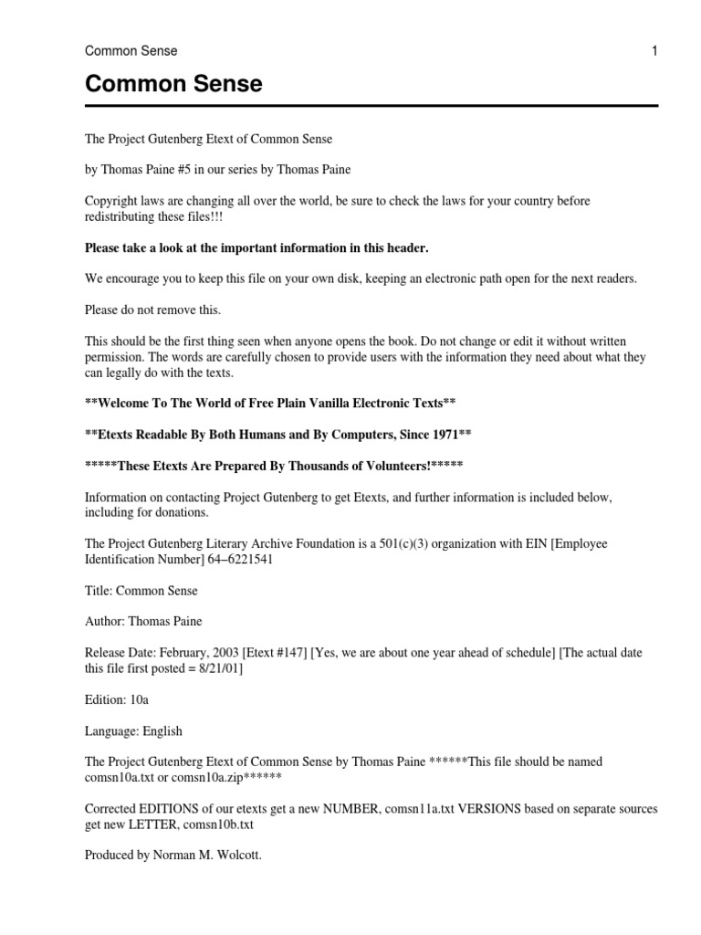 Common Sense | PDF | Project Gutenberg | E Text