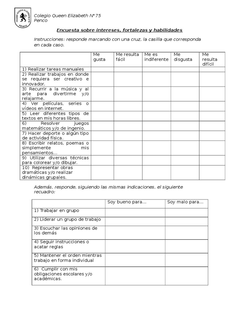 Encuesta Sobre Intereses, Fortalezas y Debilidades | PDF