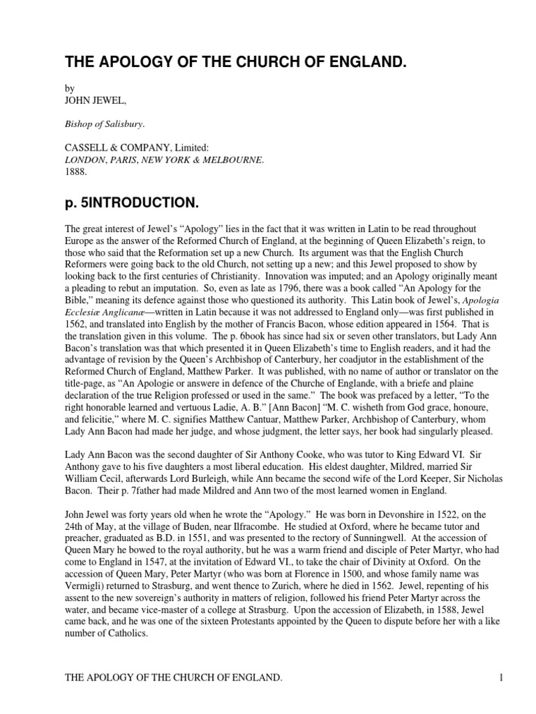 The Apology of The Church of England by Jewel, John, 1522-1571 | PDF ...