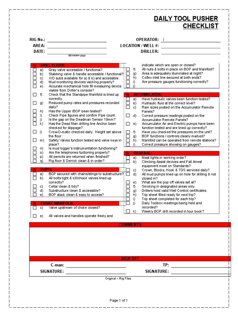 Daily Toolpusher Inspection | PDF | Hydraulics | Mechanical Engineering