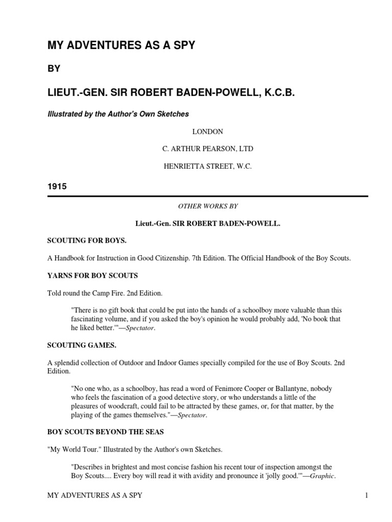 My Adventures As A Spy by Baden-Powell of Gilwell, Robert Stephenson ...