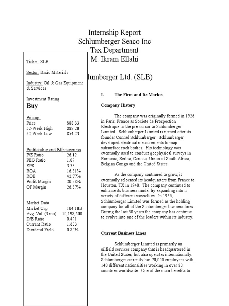 Internship Report Schlumberger Seaco Inc Tax Department M. Ikram Ellahi ...