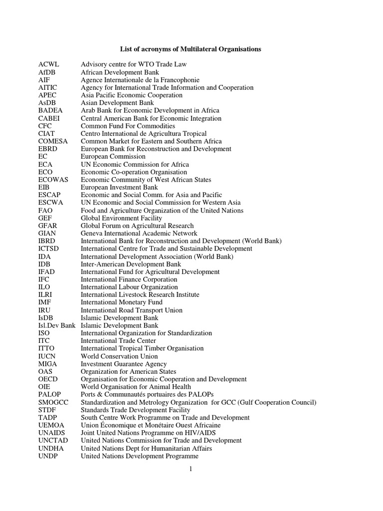 List of Acronyms of Multilateral Organisations | PDF | International ...